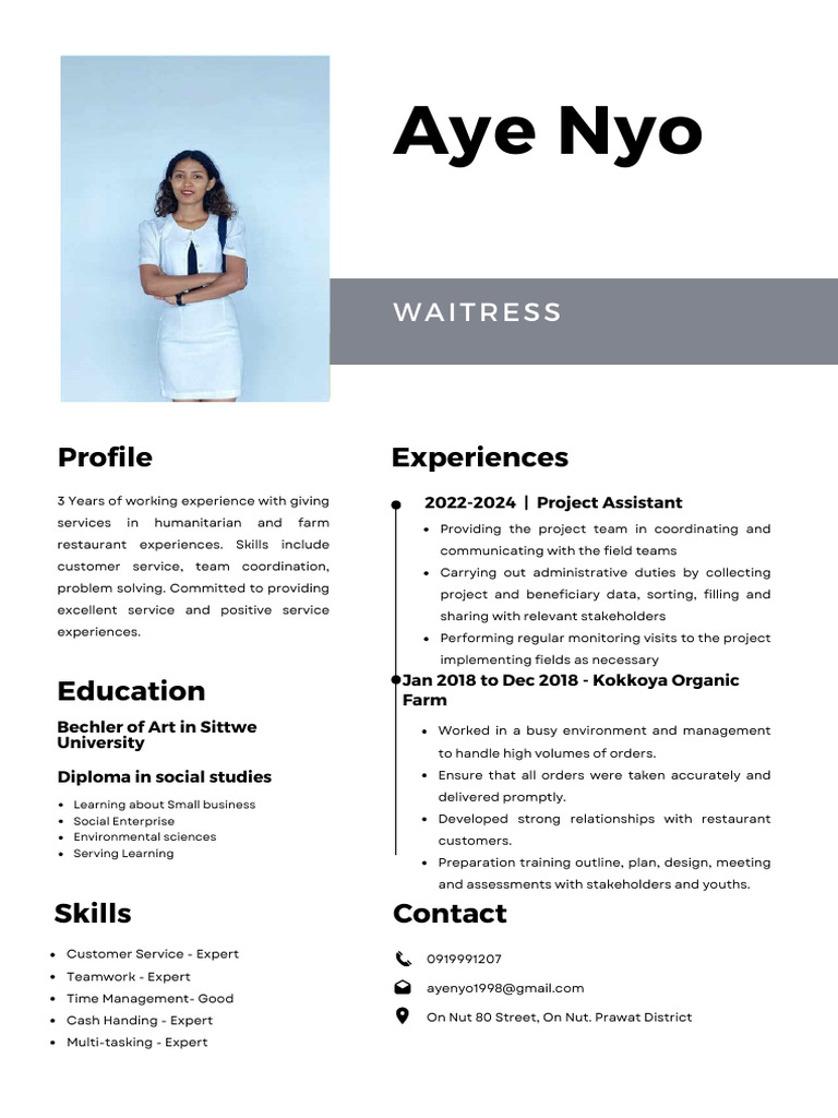 Aye Nyo - Resume (Waitress) | PDF | Business