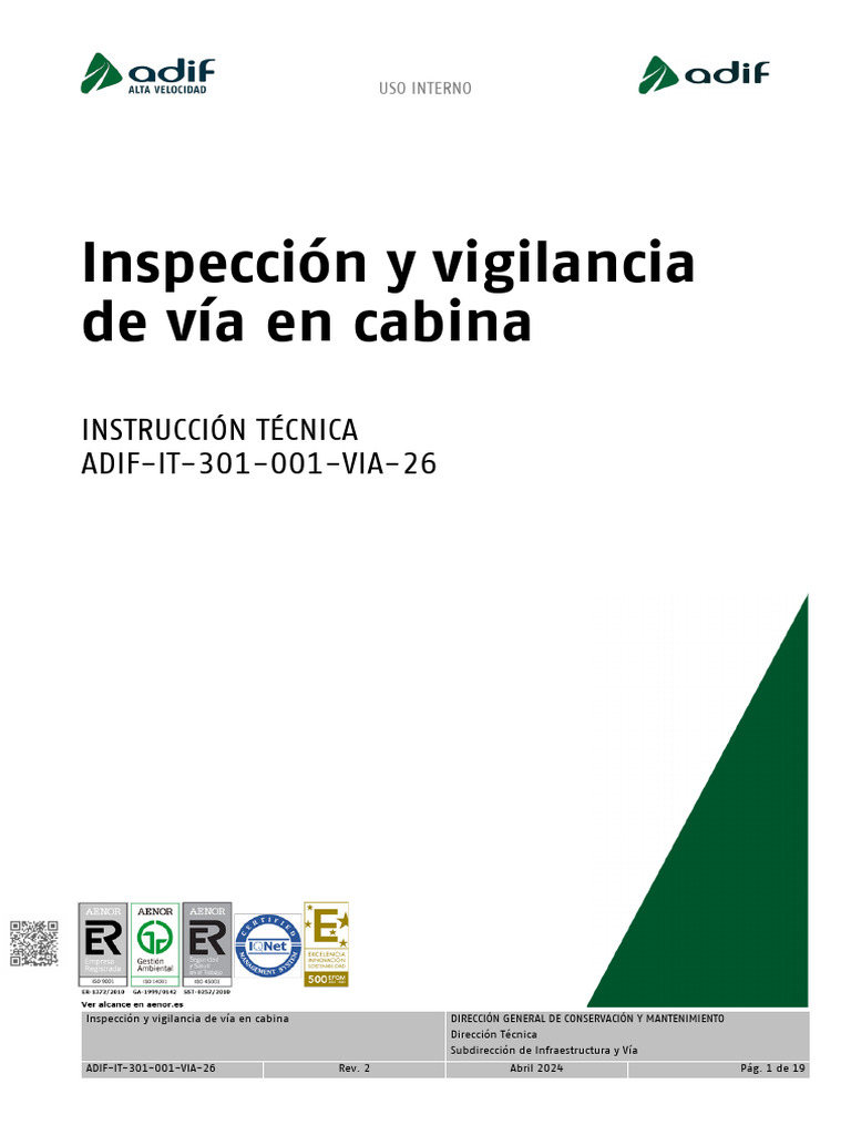 ADIF-IT-301-001-VIA-26 Insp. y Vigilancia de VÍA EN CABINA - Rev2 | PDF