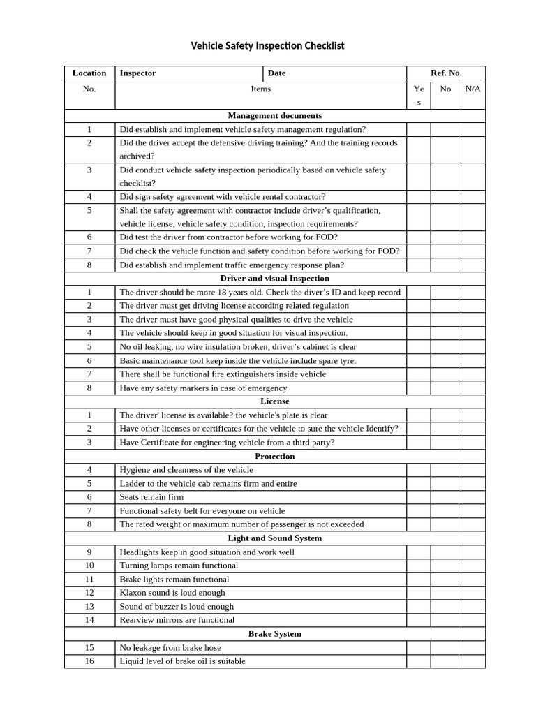 Checklist for Vehicle Safety 车辆安全检查表 | PDF | Brake | Automotive Industry