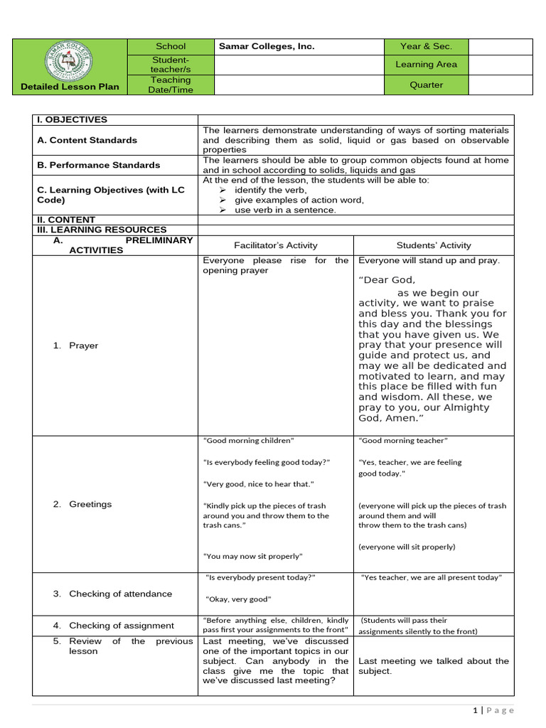 Lesson Plan: Sorting Solids, Liquids, Gases | PDF | Subject (Grammar ...