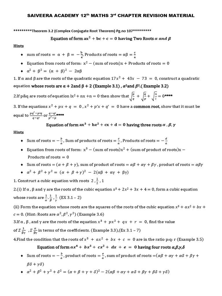 Saiveera Academy 12th Maths 3rd Chapter Revision Material | PDF | Polynomial | Equations