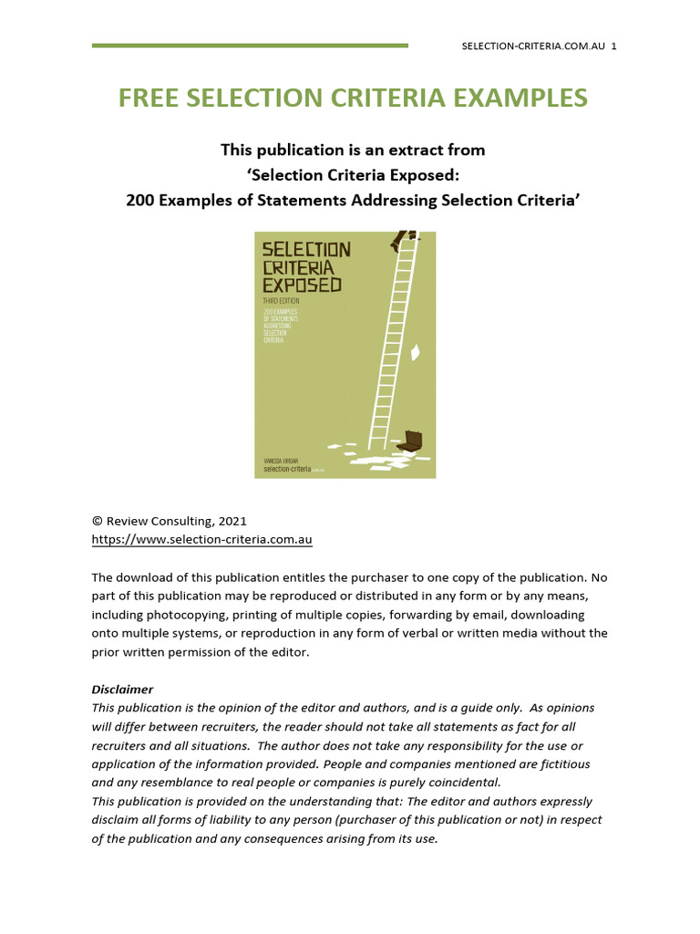 Free Selection Criteria Examples Guide | PDF | Occupational Safety And Health | Safety
