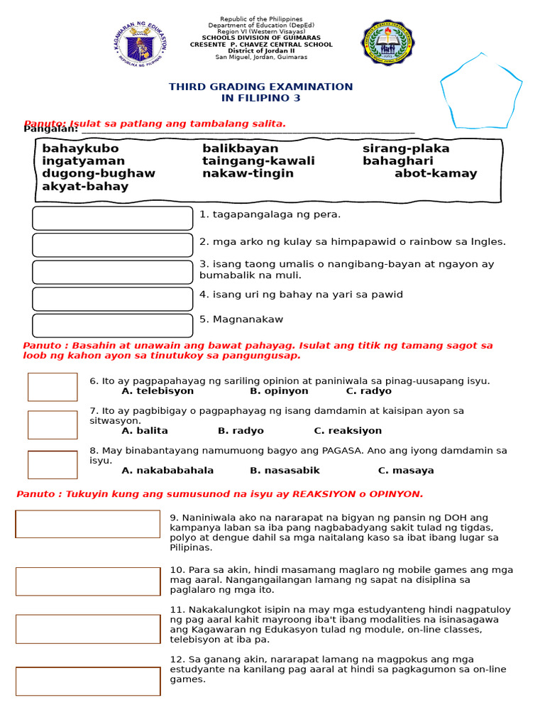 Filipino 3 Third Grading Examination PDF | PDF