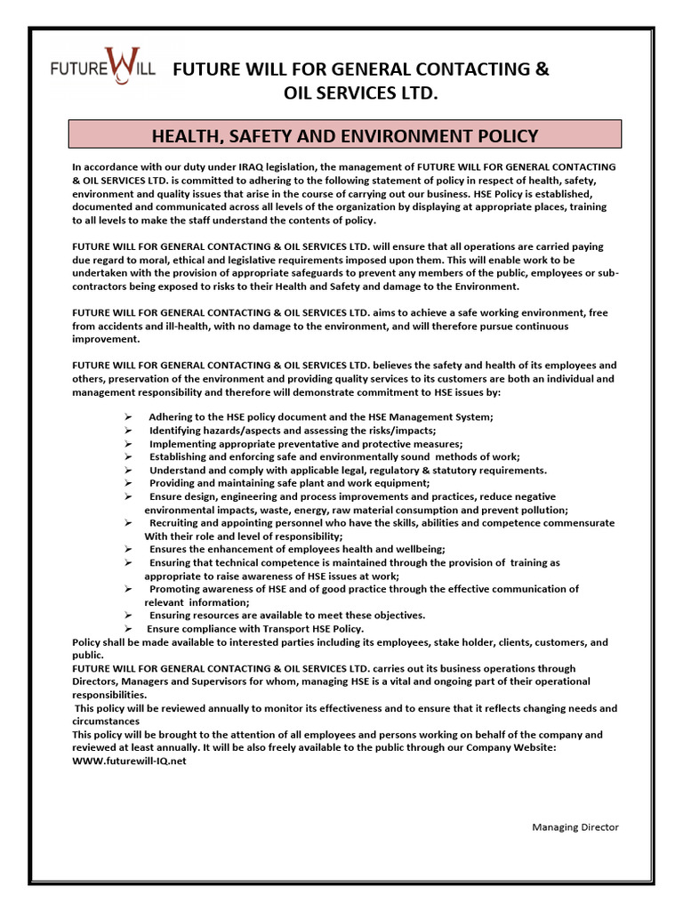 HSE Policy | PDF | Occupational Safety And Health | Natural Environment