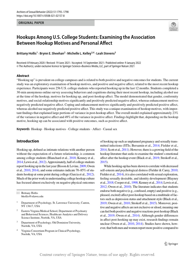 Hookups Among US College Students Examining The As | PDF | Affect ...