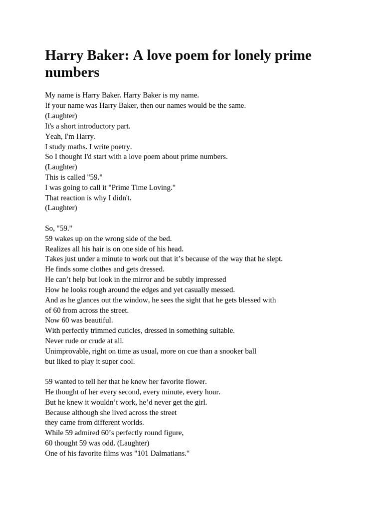 Harry Baker - A Love Poem For Lonely Prime Numbers | PDF