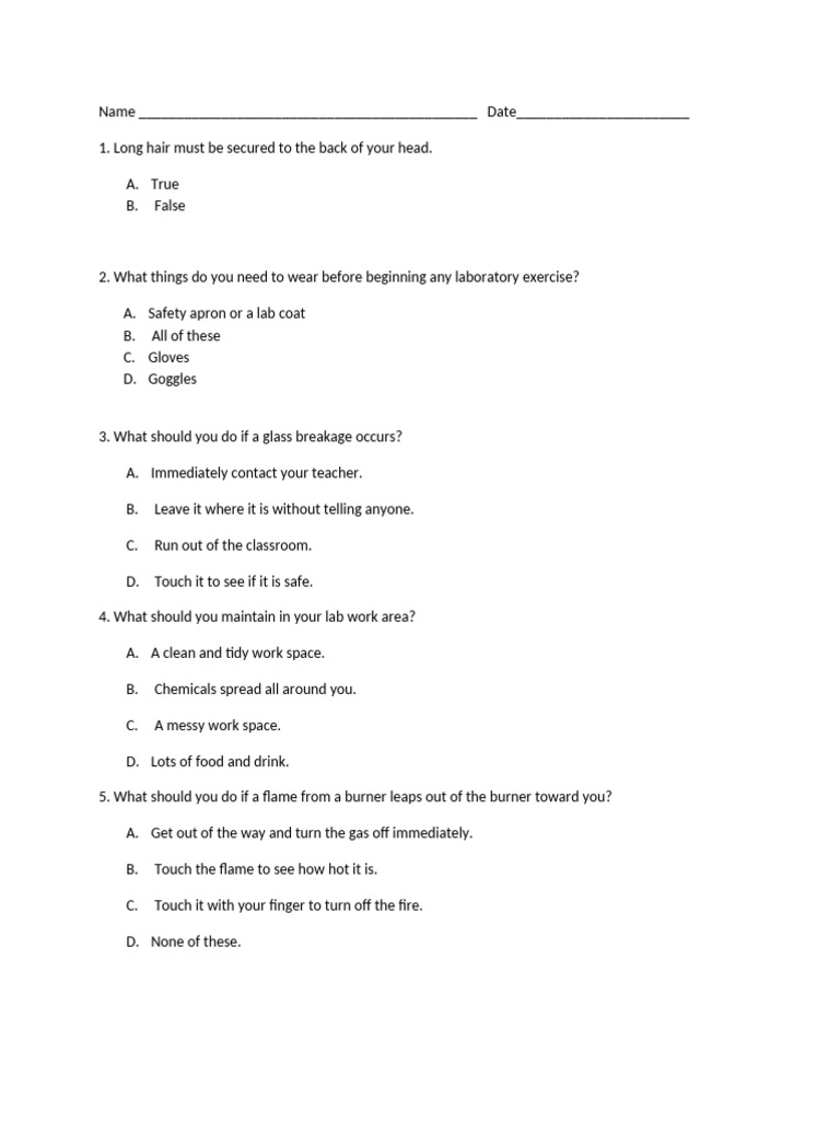 ScienceSafetyLabRulesQuiz 1 | PDF