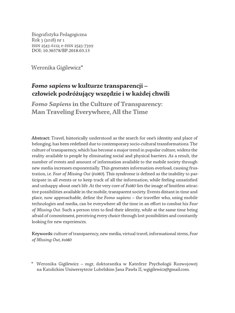 Fomo Sapiens W Kulturze Transparencji CZ Owiek Podr Uj Cy WSZ Dzie I W ...