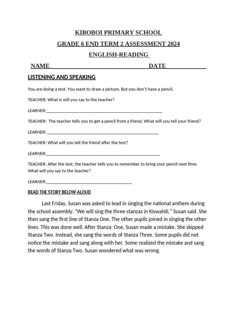 Grade 6 English Reading Assessment 2024 | PDF