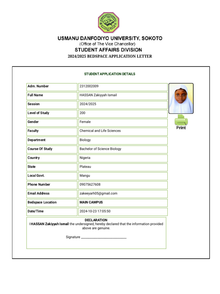 2024/2025 UDUS Hostel Application | PDF