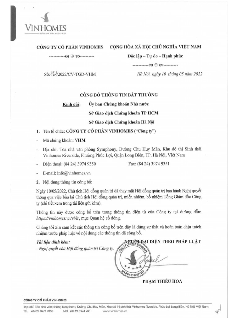 VHM - CV152 - Cong Bo Thong Tin Bau Lai Chu Tich, Tong Giam Doc Cong Ty - 1652160076 | PDF