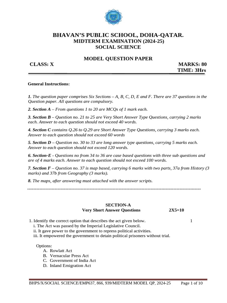 10 Midterm Model SSC 2024-25 | PDF | Human Development Index