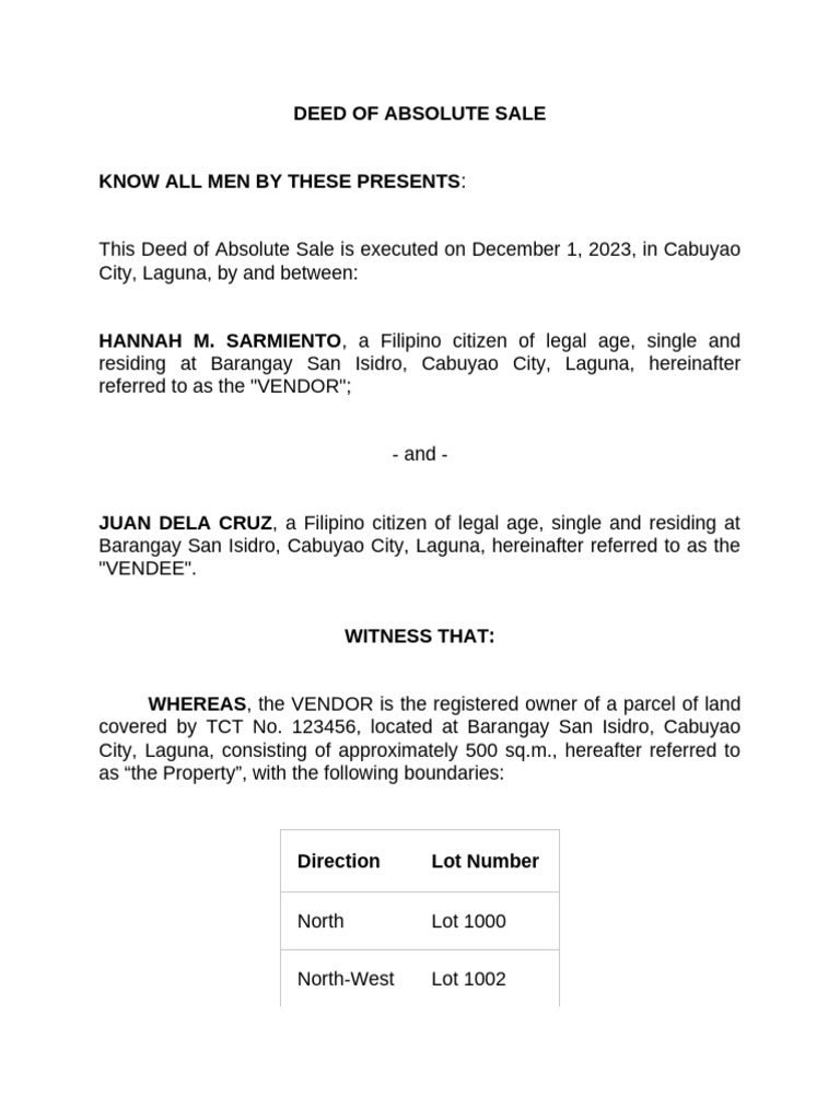 Deed of Absolute Sale in Cabuyao | PDF | Private Law | Common Law