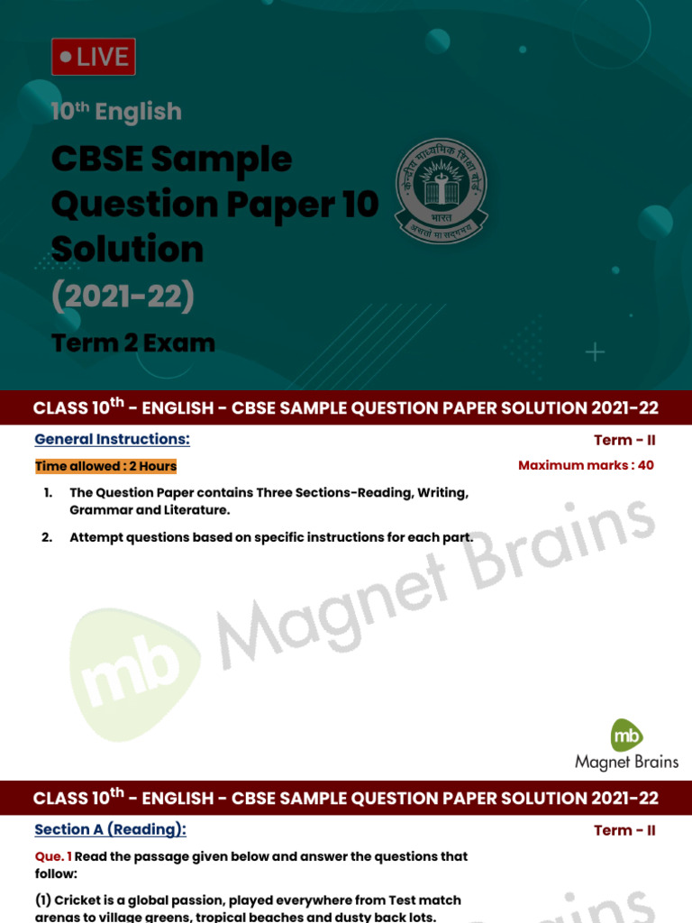CBSE Class 10 English Sample Paper | PDF | The Ashes | Cricket