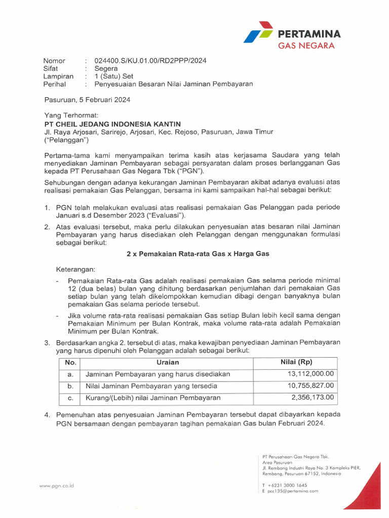 024400.S PT Cheil Jedang Indonesia (Kantin) - Surat Penyesuaian Besaran Nilai Jaminan Pembayaran ...