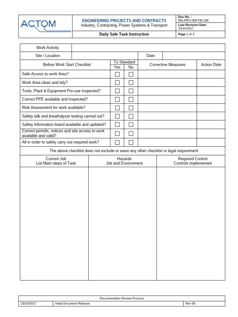 MS-PRO-008-FM-108 Daily Safe Task Instruction | PDF | Risk Assessment ...