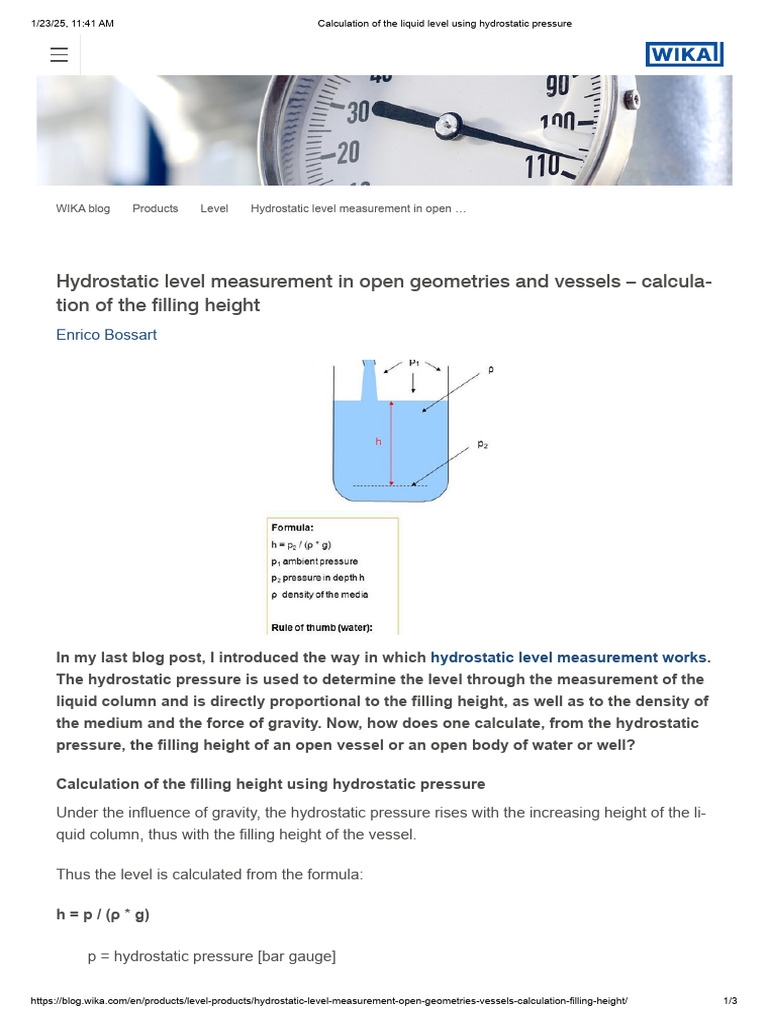 Calculation Of The Liquid Level Using Hydrostatic Pressure Pdf