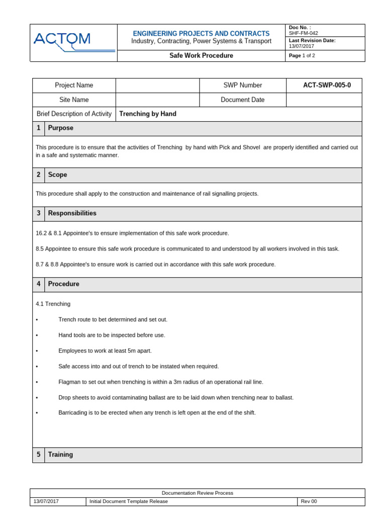 Safe Work Procedure for Hand Trenching | PDF | Personal Protective ...