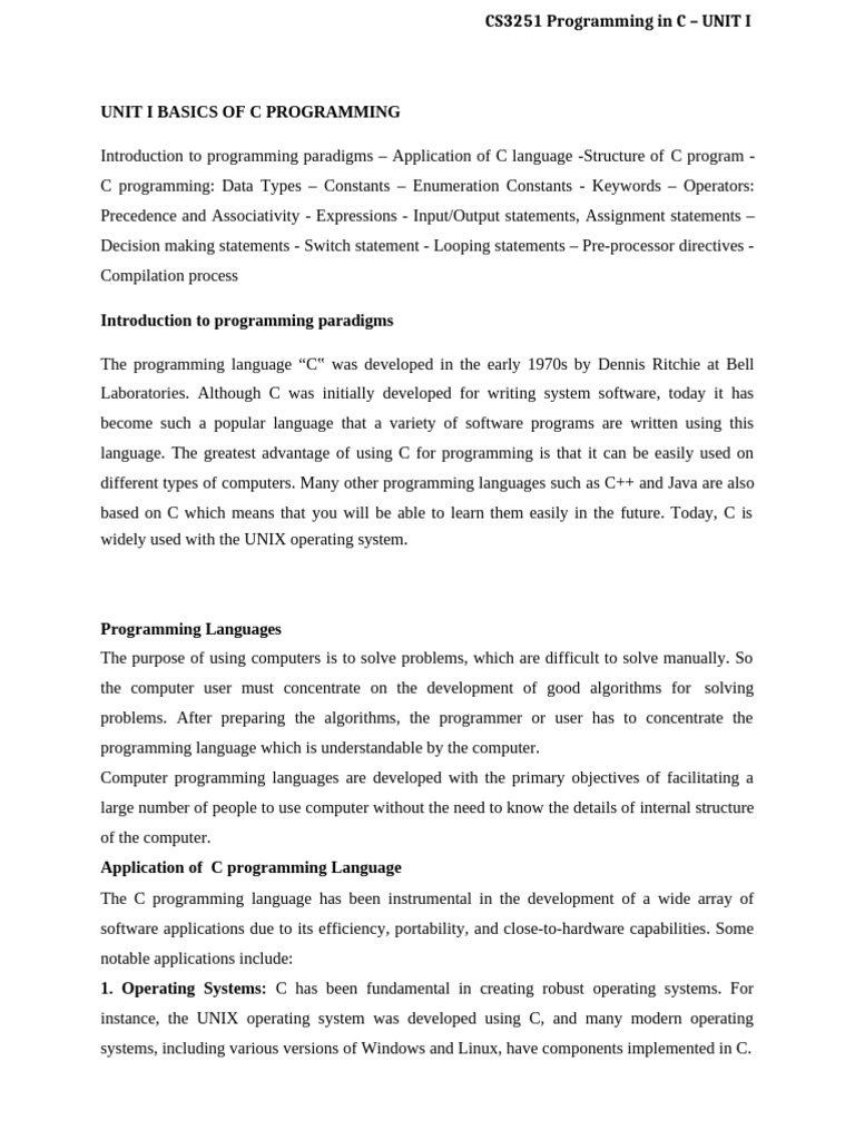 Unit I Basics of C Programming | PDF | Computer Programming | Data Type