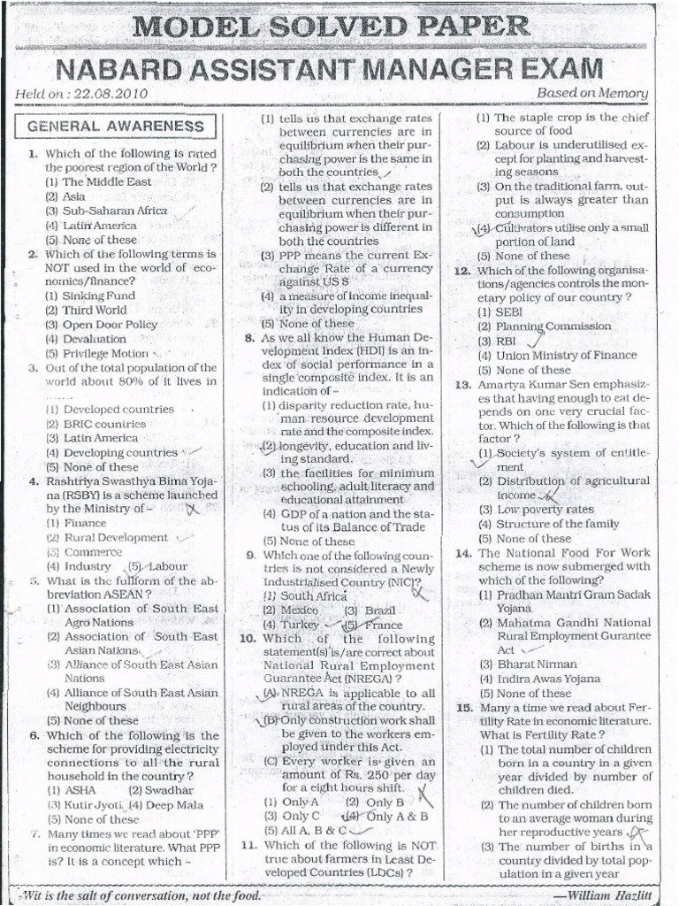 NABARD Grade A - Assistant Manager 2010 Paper | PDF