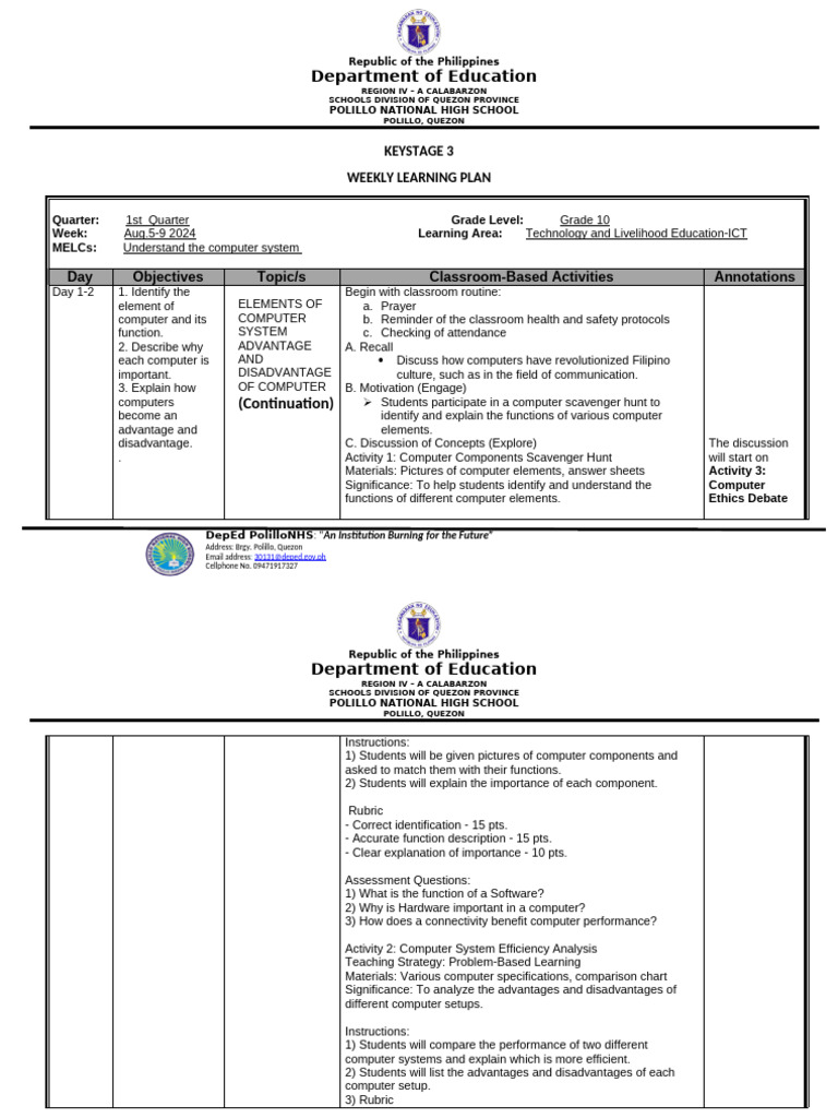 Week 2-ICT Lesson Plan Types of Computer | PDF | Learning | Cognition
