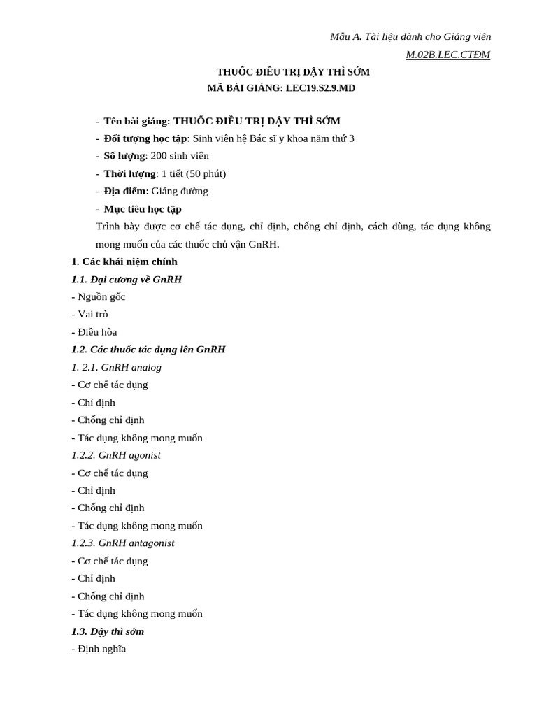 2B. LEC19.S2.9.MD. Thuốc điều trị dậy thì sớm | PDF