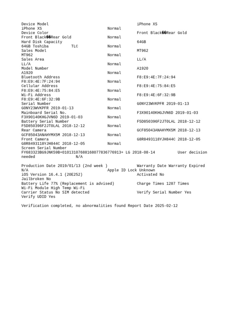 iPhone XS Specs & Status Report | PDF