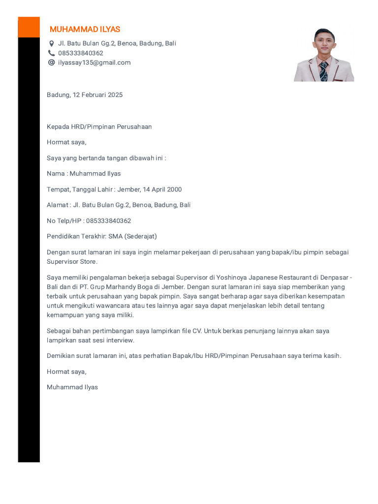 Surat Lamaran Kerja (M.ilyas) | PDF