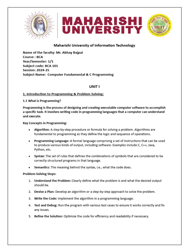 unit 1 BCA 101 | PDF | Computer Programming | Programming Language