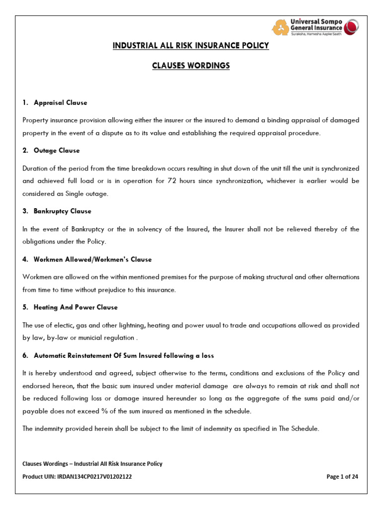 Industrial All Risk Insurance Clauses | PDF | Insurance | Indemnity