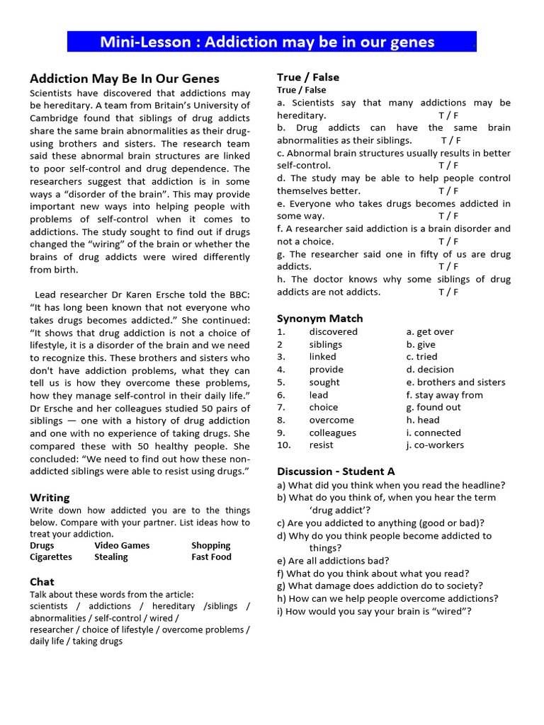 Mini-Lesson - Addiction May Be In Our Genes | PDF | Self Control | Self ...