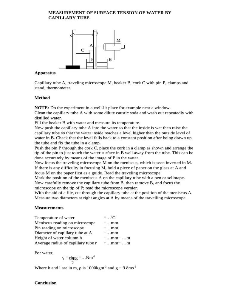 Surface Tension Measurement via Capillarity | PDF | Surface Tension | Water
