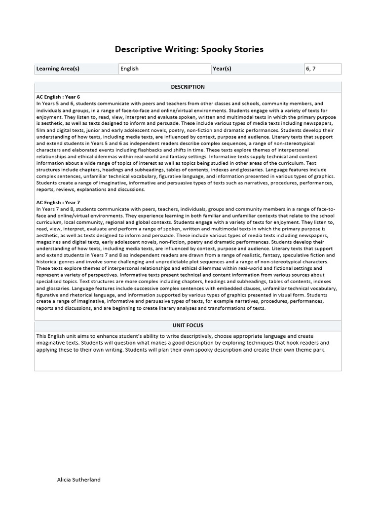 Descriptive Writing Unit Spooky Stories For Years 5 7 | PDF | English ...
