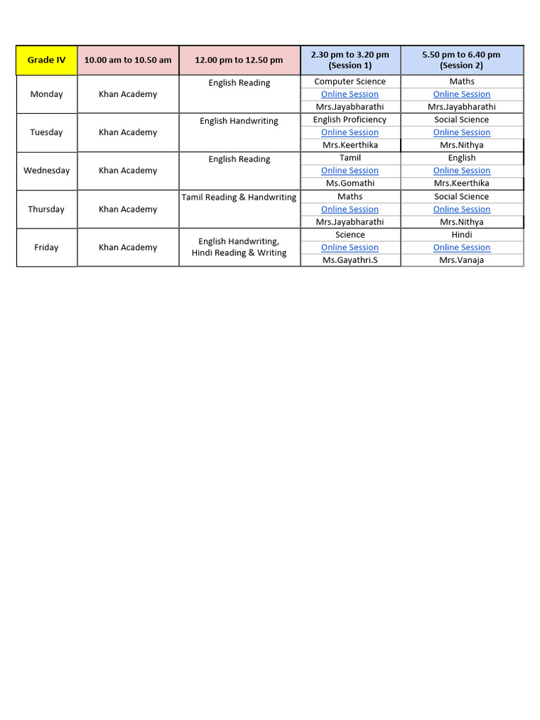 Term II -Grade IV Online Class Timetable | PDF
