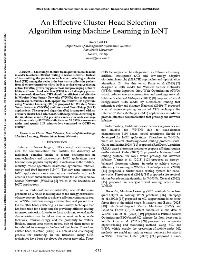 An Effective Cluster Head Selection Algorithm Using Machine Learning in IoNT | PDF | Wireless ...