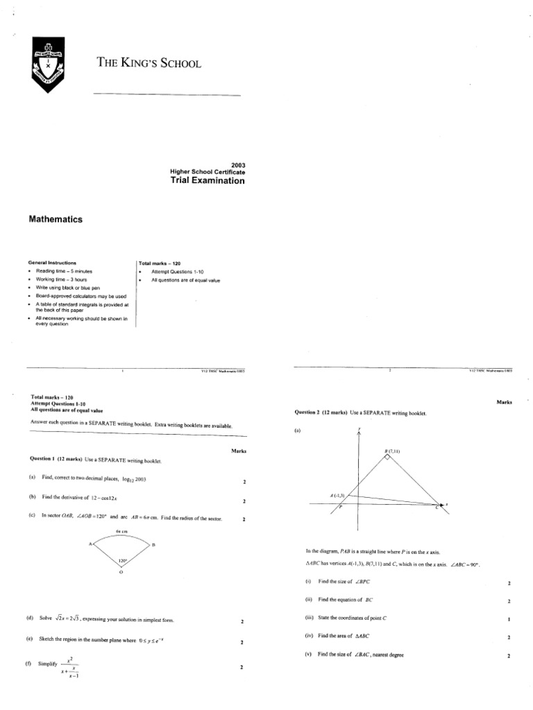 Kings 2003 2U MATH Trial & Solutions | PDF