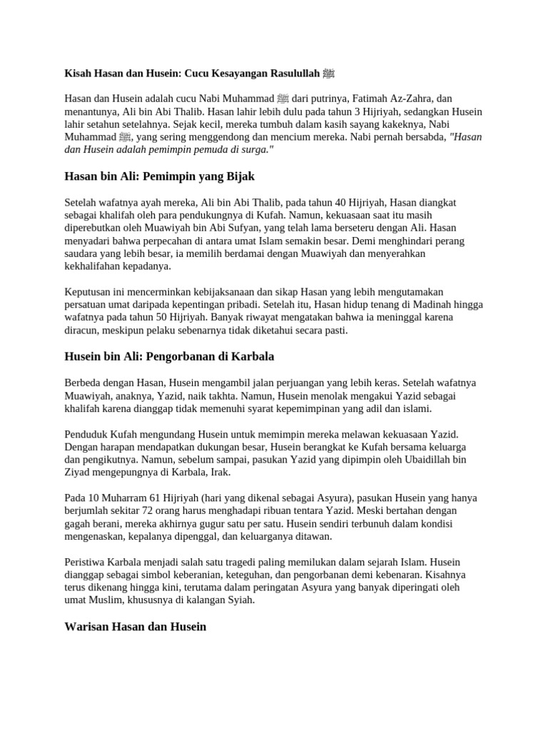Kisah Hasan Dan Husein Cucu Kesayangan Rasulullah | PDF