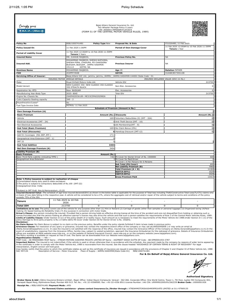 Policy Schedule Zuhaib Maqbool | PDF | Insurance | Deductible