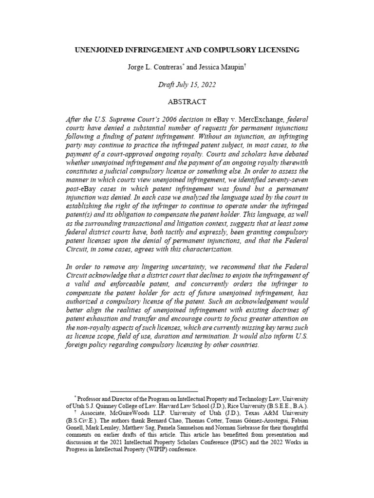 Unenjoined Infringement and Compulsory Licensing | PDF | Injunction ...