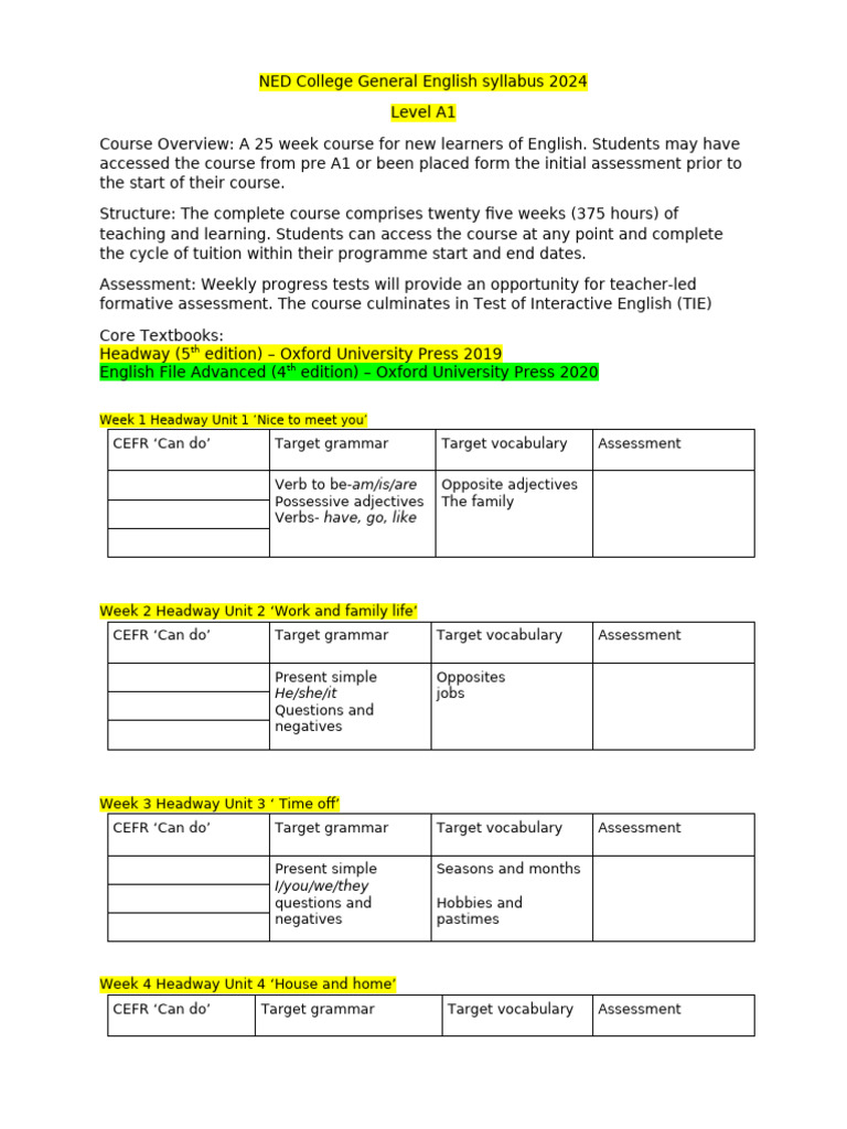 Elementary A1 Syllabus 2024 | PDF | English Language | Adverb
