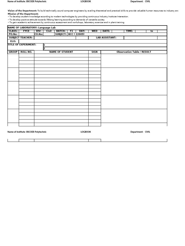 Civil Engineering Language Lab Logbook | PDF