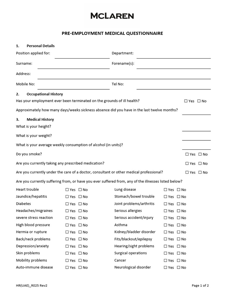 HR (UAE) - R025 Rev2 - Pre-Employment Medical Questionnaire. | PDF ...