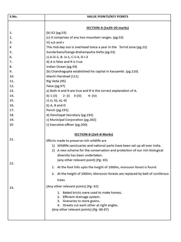 Class VI - CBP Term 2 Sample Paper Answer Key | PDF