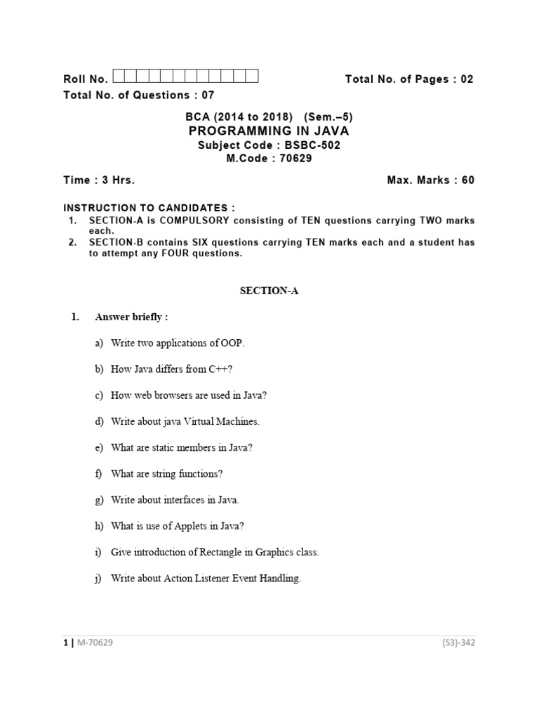 Bca 5 Sem Programming in Java 70629 Nov 2019 | PDF