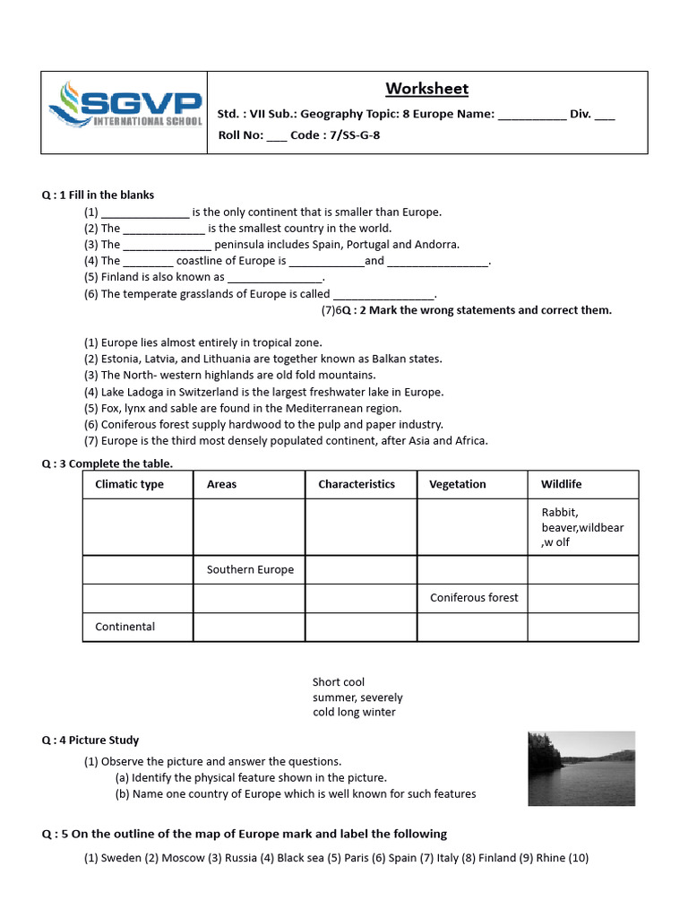 Physical Features of Europe Worksheet | PDF | Europe | Earth Sciences