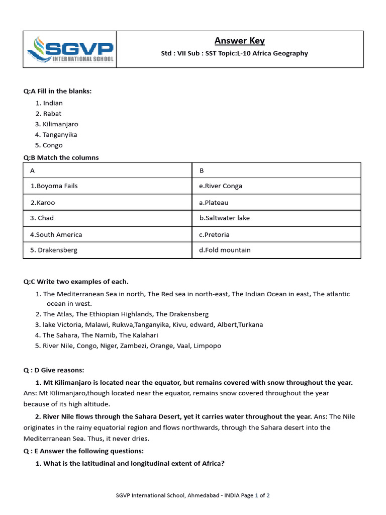 Africa Geography Answer Key for VII SST | PDF | Geography | Physical ...