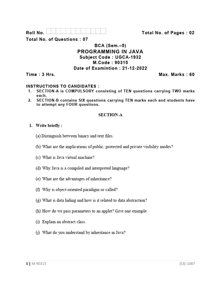 Bca 5 Sem Programming in Java 90315 Dec 2022 | PDF | Method (Computer Programming) | Class ...