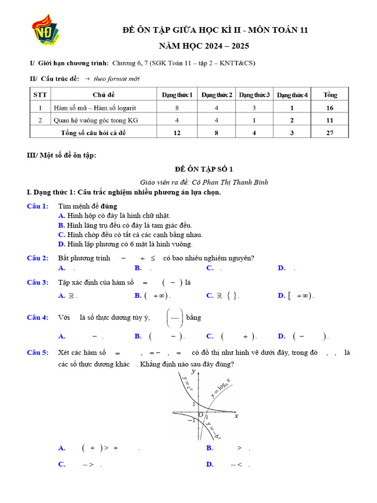 De On Tap Giua Hoc Ki 2 Toan 11 Nam 2024 2025 Truong THPT Viet Duc Ha Noi | PDF