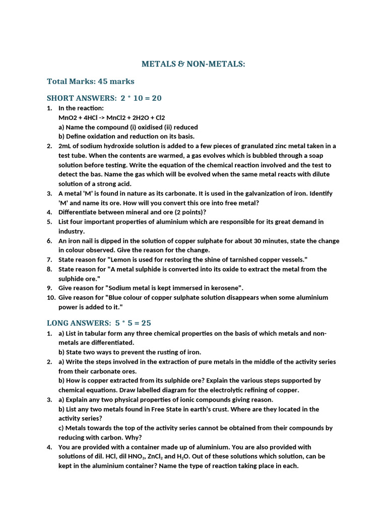 Lesson-wise question paper - METALS AND NON METALS | PDF | Iron | Metals