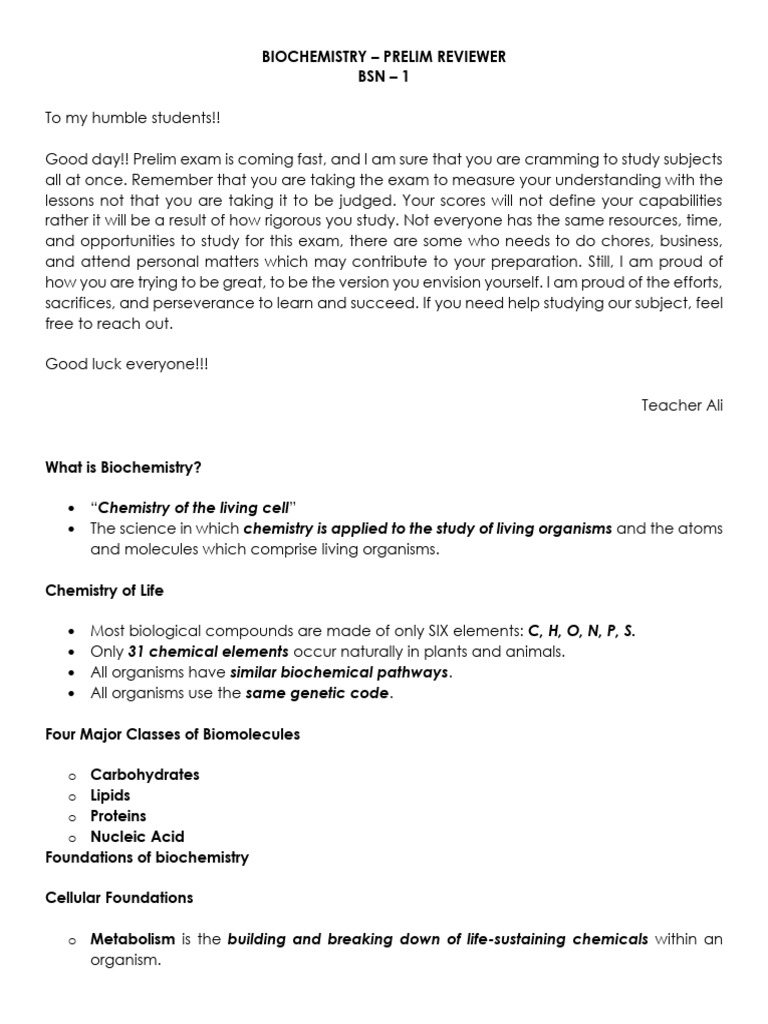 Biochemistry-Review-Material-Prelim | PDF | Cell (Biology) | Cell Membrane